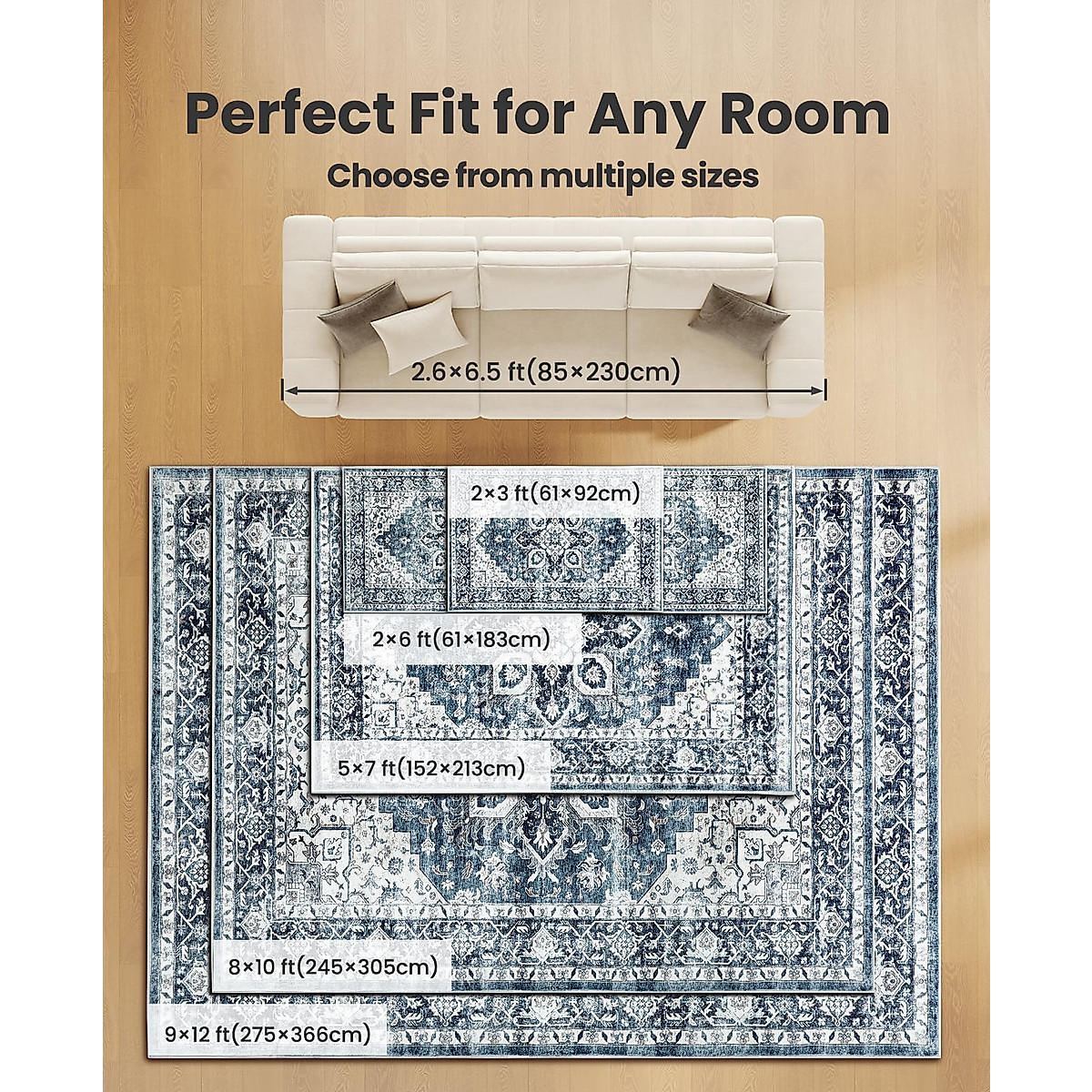 AMADA HOMEFURNISHING 5x7 Washable Area Rug, Low-Profile Living Room Rug with Non-Slip Backing & Durable Edge Binding, Area Rugs 5x7, Vintage Rugs for Living Room, Bedroom, Dinning Room