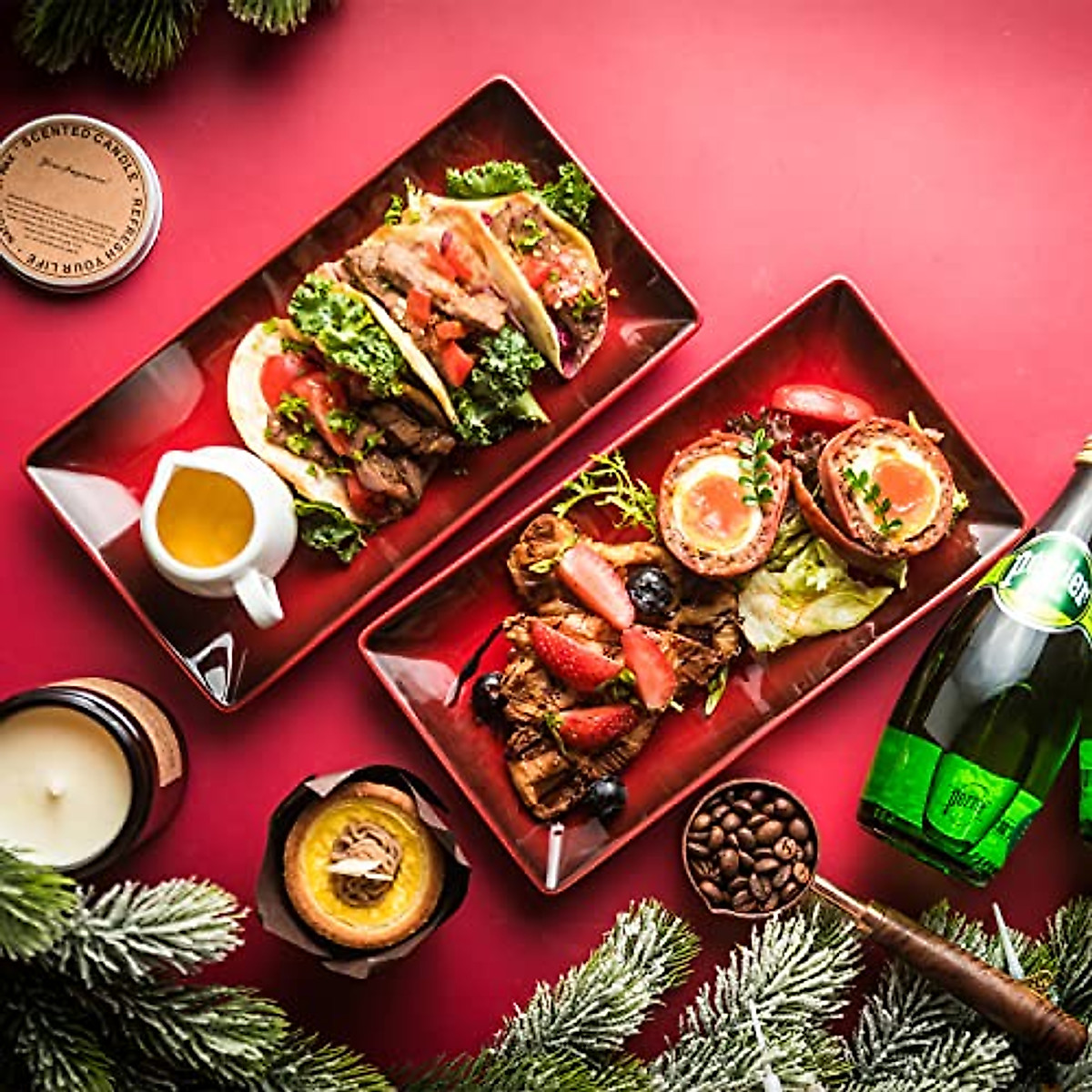 Gomakren Serving Platters Trays for Parties, Christmas Serving Dishes and Platters Porcelain Rectangle Plates Set of 2, 10 In Food Serving Tray, Microwave Dishwasher Safe Burgundy Red Christmas Gifts