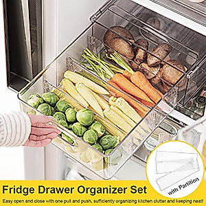 Greenby 4 Pack Refrigerator Organizer Bins with Pull-out Drawer Stackable Clear Fridge Drawer Organizer Fruit Vegetable Storage Containers for Kitchen Pantry Organization (1 Large+1 Tall+2 Small)