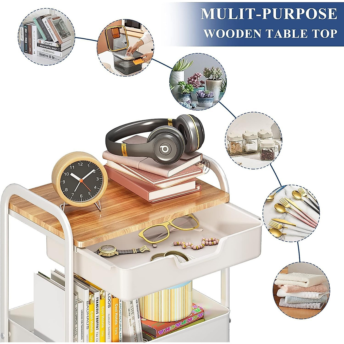 SNTD 3 Tier Rolling Utility Cart with Wheels - Storage Cart with Wood Table Top and Drawer, Metal Art Cart for Kitchen, Office, Classroom (White)