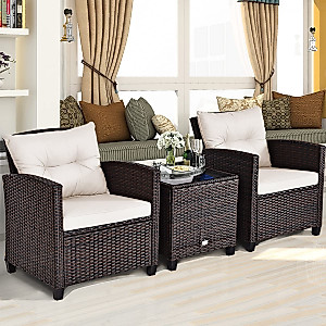 Tangkula 3 Pieces Patio Furniture Set, PE Rattan Wicker 3 Pcs Outdoor Sofa Set w/Washable Cushion and Tempered Glass Tabletop, Conversation Furniture for Garden Poolside Balcony (White)