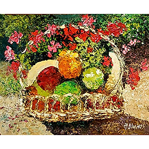 Fruit Basket and Flowers, Still Life By Internationally Renowned Artist Andre Dluhos