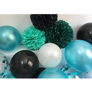 Blue Birthday Decorations for Women- Black Teal Turquoise White Birthday Balloons with Happy Banner Pom Poms Decor(Turquoise Green)