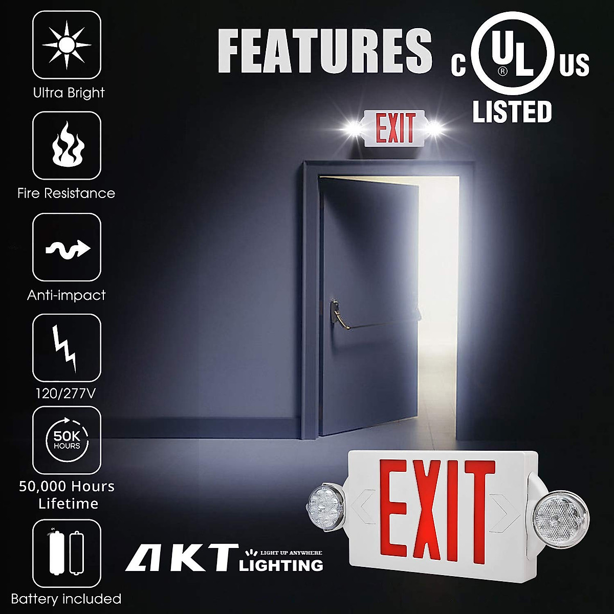 AKT LIGHTING Emergency Exit Light, Adjustable Two LED Head Exit Sign Light, Commercial Emergency Exit Lighting Combo with Back-up Battery for Business UL Certificated(Red, 6 Pack)