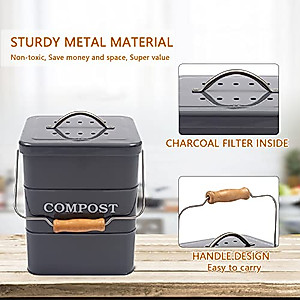Compost Bin Kitchen Countertop Indoor Compost Pail Bucket, Great for Food Scraps, Carbon Steel, Handles, Gray, 1 Gallon - Includes Charcoal Filter