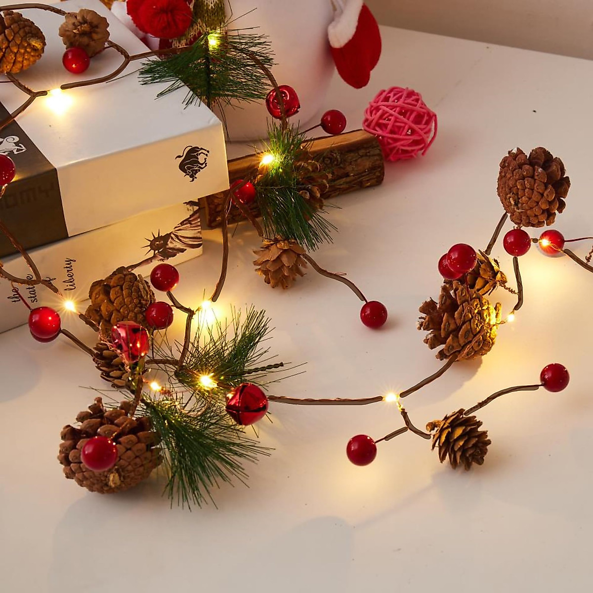 TW SHINE 2 Pack Christmas Pine Cone String Lights, 13 FT 40 LED Total Prelit Battery Operated Garland with Red Berry for Indoor Outdoor Xmas Fireplace Decorations