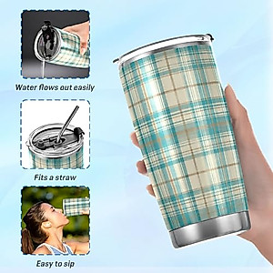 Green and White Check Stainless Steel straw, vacuum insulated water bottle with Lid and Straw travel coffee mug with lid for Home, Office or Car simply modern flip straw tumbler vaso para agua