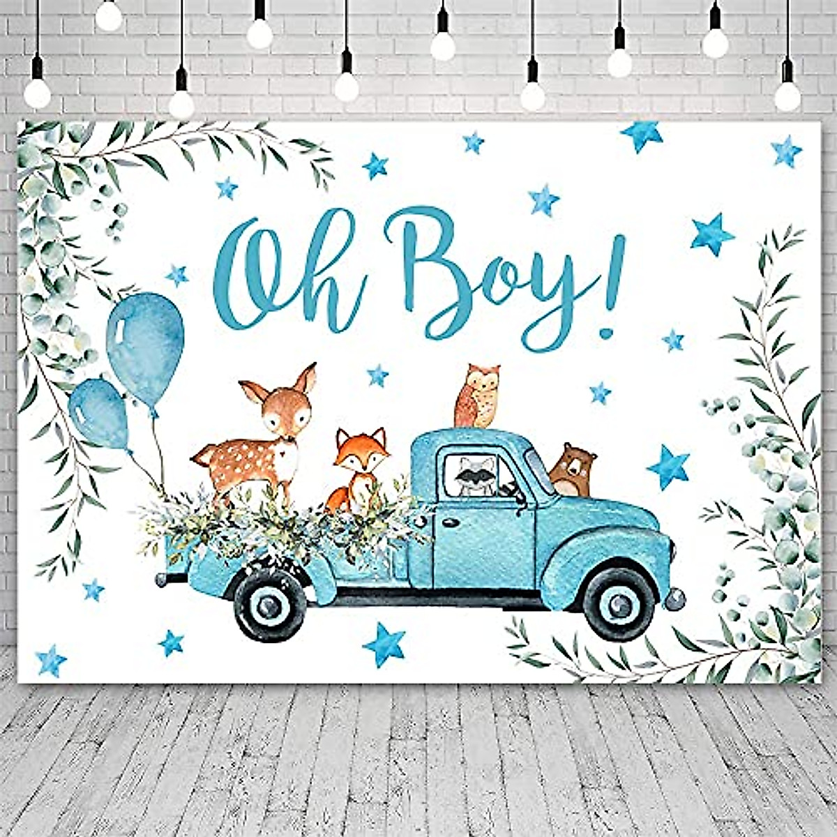 ABLIN 7x5ft Boy Baby Shower Woodland Theme Party Backdrop Oh Boy Blue Truck Balloons Green Leaves Cute Sika Deer Owl Fox Bear Photo Background Gender Reveal Party Decorations Props
