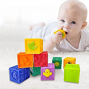 Building Blocks Baby Toys for 3 Months and up, Soft Squeeze Sensory Colorful Teething Chewing Educational Stacking Blocks with 3D Embossed Patterns