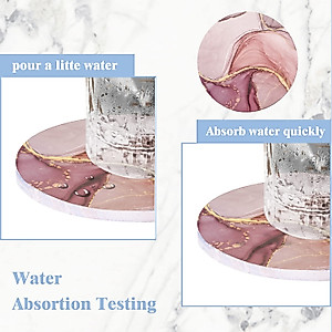 Warmroom Absorbent Pink Marble Ceramic Coasters for Drinks with Gold Holder and Cork Base Set of 6 Round Decorative Tabletop Protection for Coffee Table Bar Kitchen Home and Dining Room