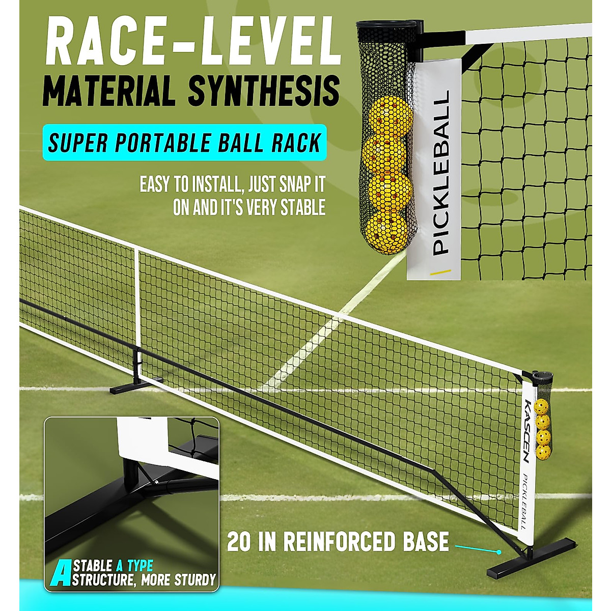 Kascen Pickleball Net - 22 FT Regulation Size Portable Pickleball Net System, Pickle Ball Net with Exclusive Ball Holder, 4 Pickleballs & Carry Bag, Pickle Ball Net for Outdoor Indoor Driveway