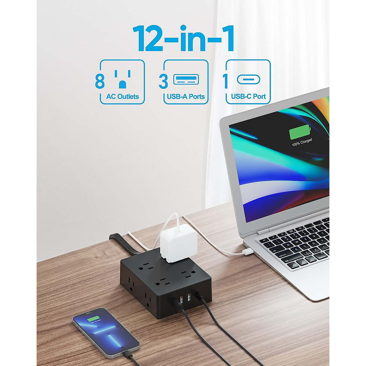 Surge Protector Power Strip, Olcorife Ultra Thin Flat Plug Extension Cord 5 ft, 8 Outlets 4 USB Ports(1 USB C), 1080J, Wall Mount Outlet Extender, College Dorm Room Essentials, Black