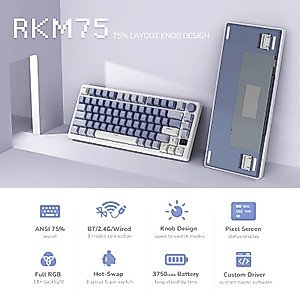 RK ROYAL KLUDGE M75 Mechanical Keyboard with OLED Smart Display and Volume Knob, 2.4G/USB-C/BT Gasket Mounted 75% Layout Wireless Gaming Keyboard with 81 Keys, RGB Backlit Hot-Swap Fast Silver Switch