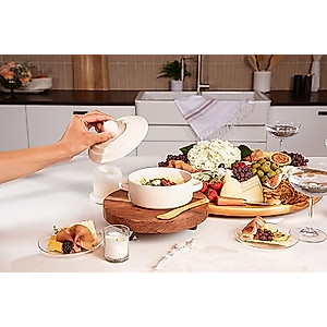 Stoneware Brie Cheese Baking Dish and Warmer with Lid - Oven Safe - Great for Charcuterie Board and Grazing Table Accessories - Perfect for Camembert, Baked Brie, Fondue, Dip - Oven Safe Ceramic Crock