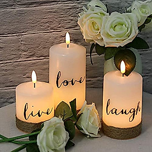 GenSwin Flameless LED Candles with Hemp Rope & Remote Timer, Real Wax Battery Operated Pillar Candles Live Laugh Love, Realistic 3D Wick Flickering Gift (D3 x H4.7 5.7" 6.7", Pack of 3)