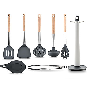 Silicone Cooking Utensils Set, 8pcs Cooking Nonstick Cookware With Wooden Handles and Holder for New Apartment Decor Gadget & Kitchen Tool Gift Sets (Grey)
