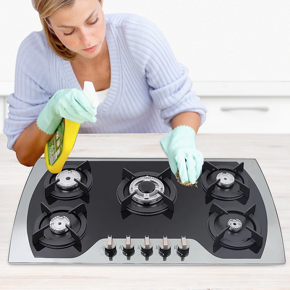 36" Gas Cooktop LPG/NG, 5 Burners Gas Stove Gas Hob Stovetop, Built-in Gas Stove Top, Thermocouple Protection, Stainless Steel Gas Hob with Power Boil, Simmer, Continuous Grates, 5 Burner Silver