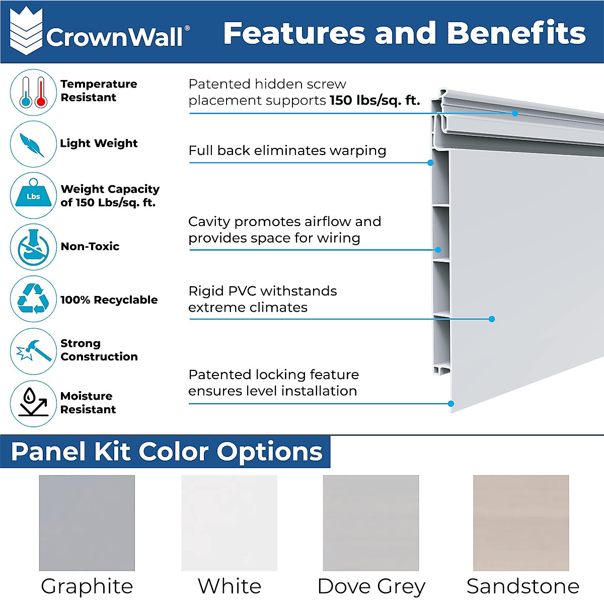 CrownWall PVC Slat Wall Panels Garage Wall Organizer Storage System | Heavy Duty Organization and Easy Installation | 6 Inch - 8ft by 4ft (32 sqft) Section, Graphite