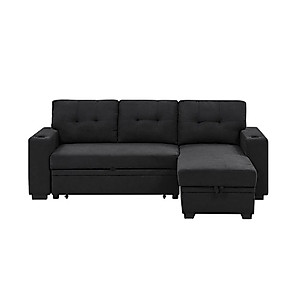 Partner Furniture Upholstery Polyester Blend Fabric Convertible Sectional Sleeper Sofa with Cup Holders in Black