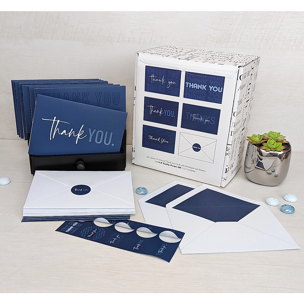 100 Thank You Cards with Envelopes and Stickers - 4 Unique Navy Blue Designs Bulk Blank Notes Luxury UV Printing for Business, Formal and All Occasions 4x6 Inch Blank Inside