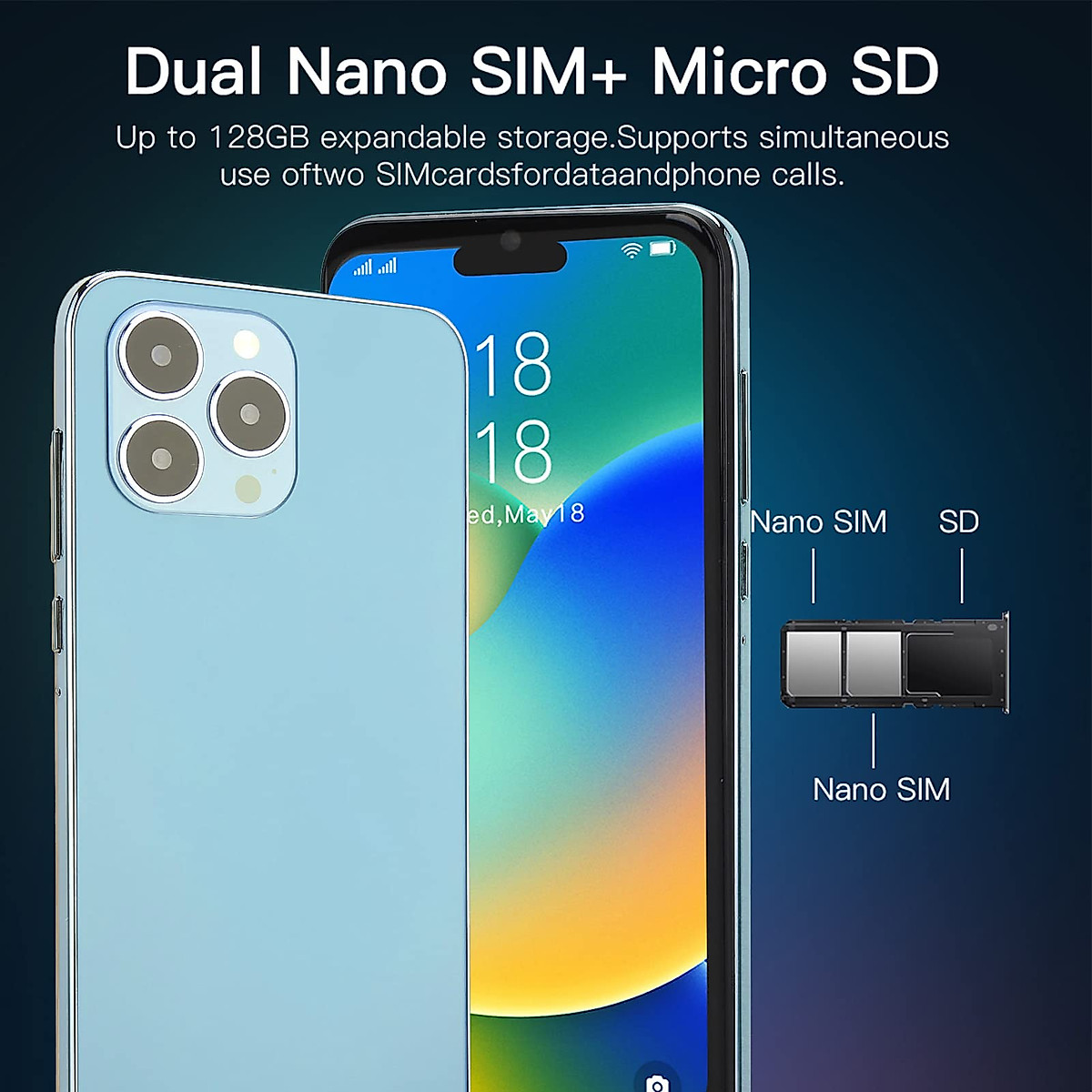 VBESTLIFE 6.1in Unlocked Smartphone 3G Cell Phone for Android, 6.1in HD Screen Dual Card Dual Standby Mobile Phone, 4000mAh Large Battery, Three Card Slots, Face Unlock(Blue)