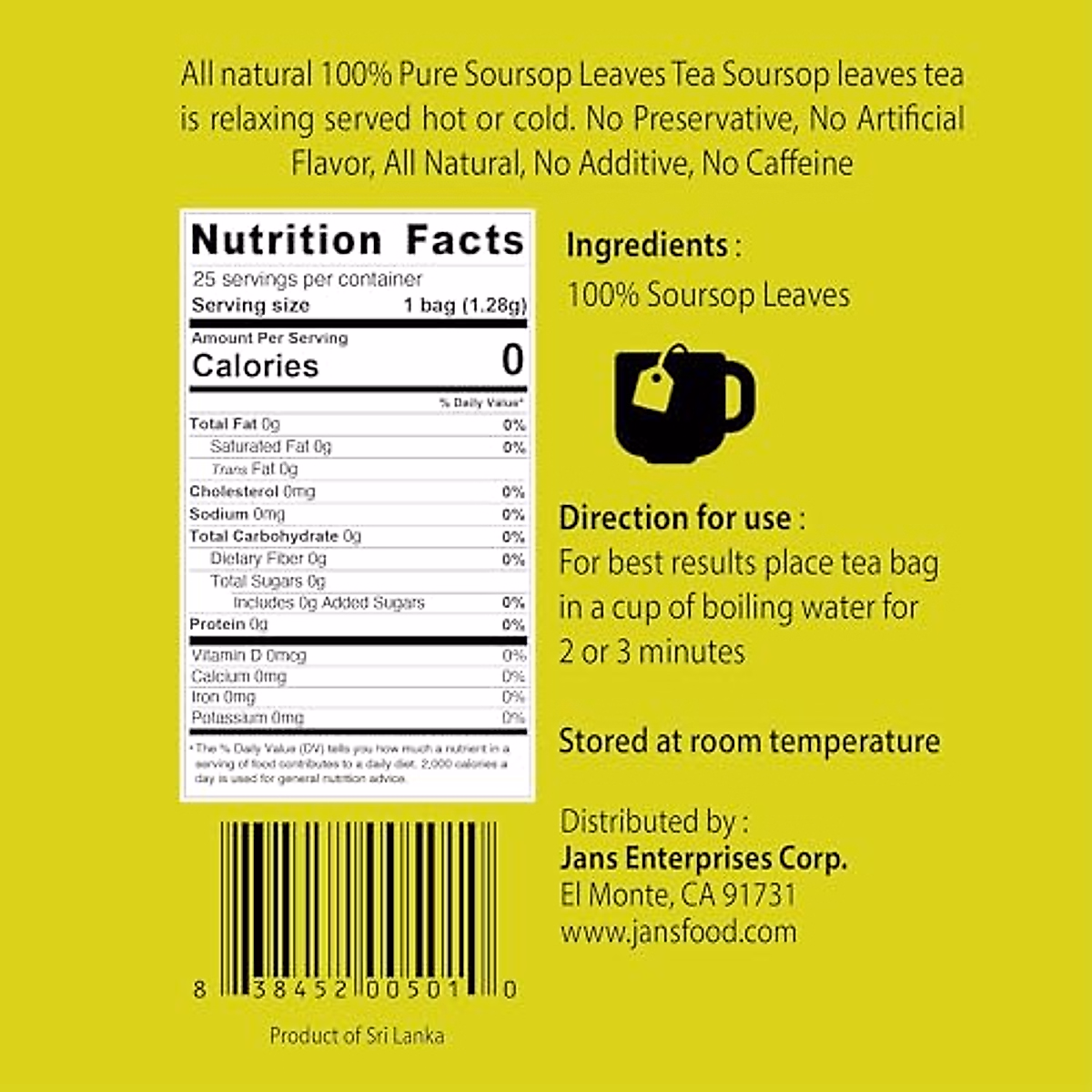Jans 100% All Natural Soursop Graviola / Guanabana Leaves Tea (25 tea bags) | Cholesterol-Free, Sugar-Free, Fat-Free, Sodium-Free | Best Served Warm | Gental Herbal Aroma