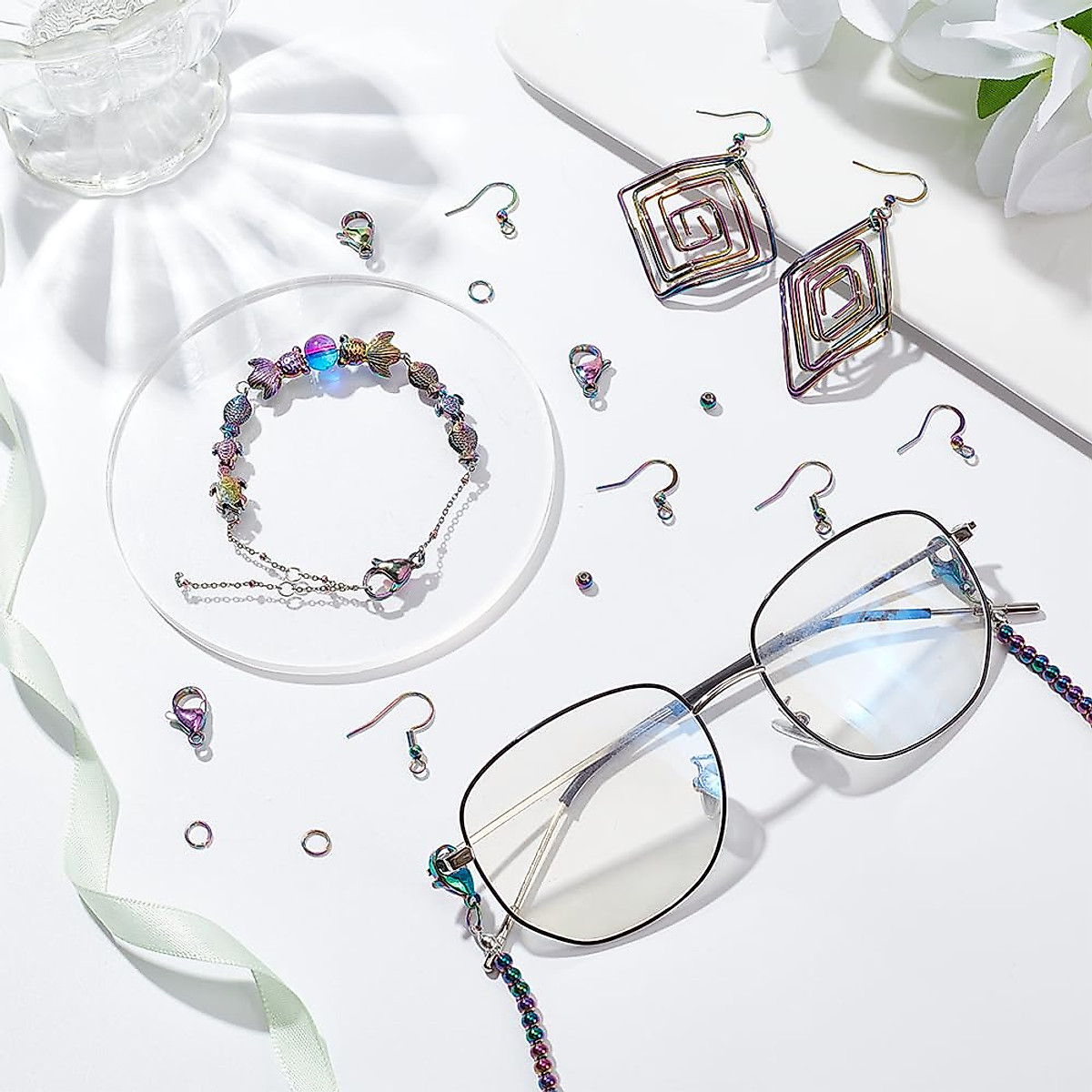 PH PandaHall 120pcs Rainbow Color Earring Making Kit 3 Sizes Fish Hook Ear Wire with Loop 304 Stainless Steel French Earring Hooks Lobster Claw Clasps Jump Rings Spacer Beads for Jewelry Making