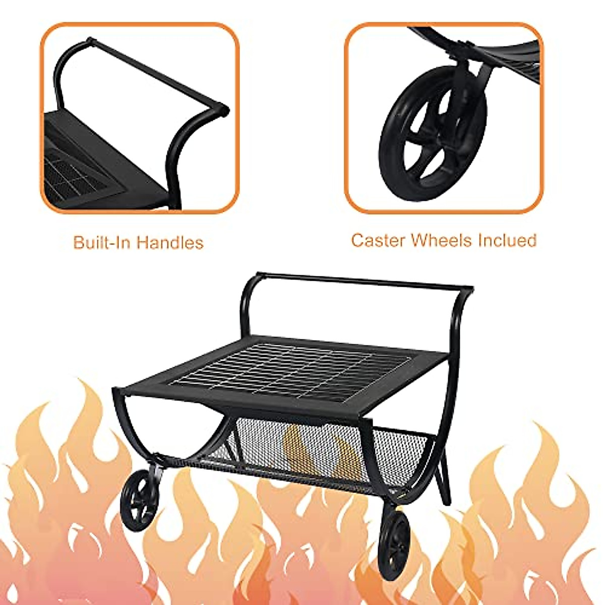 Sundale Outdoor Fire Pits Outdoor Wood Burning with Wheels, 27 Inch Steel Square Firepit BBQ Grill, Grate, Spark Screen, Fire Poker, Portable Fire Pit for Outside Patio Backyard