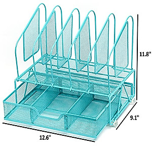 Beiz Blue Desk Organizer and Accessories Storage with 5 Vertical File Folder Holders, Paper Tray, Drawer for Women Office, Home, Dorm, Workspace to Collect Office Supplies
