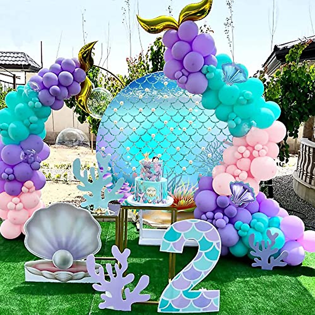 Mermaid Round Backdrop Cover 7ft Under The Sea Glittering Mermaid Birthday Backdrop Underwater Round Backdrop Cover Girls Princess Birthday Party Baby Shower Gender Reveal Photo Background Decor