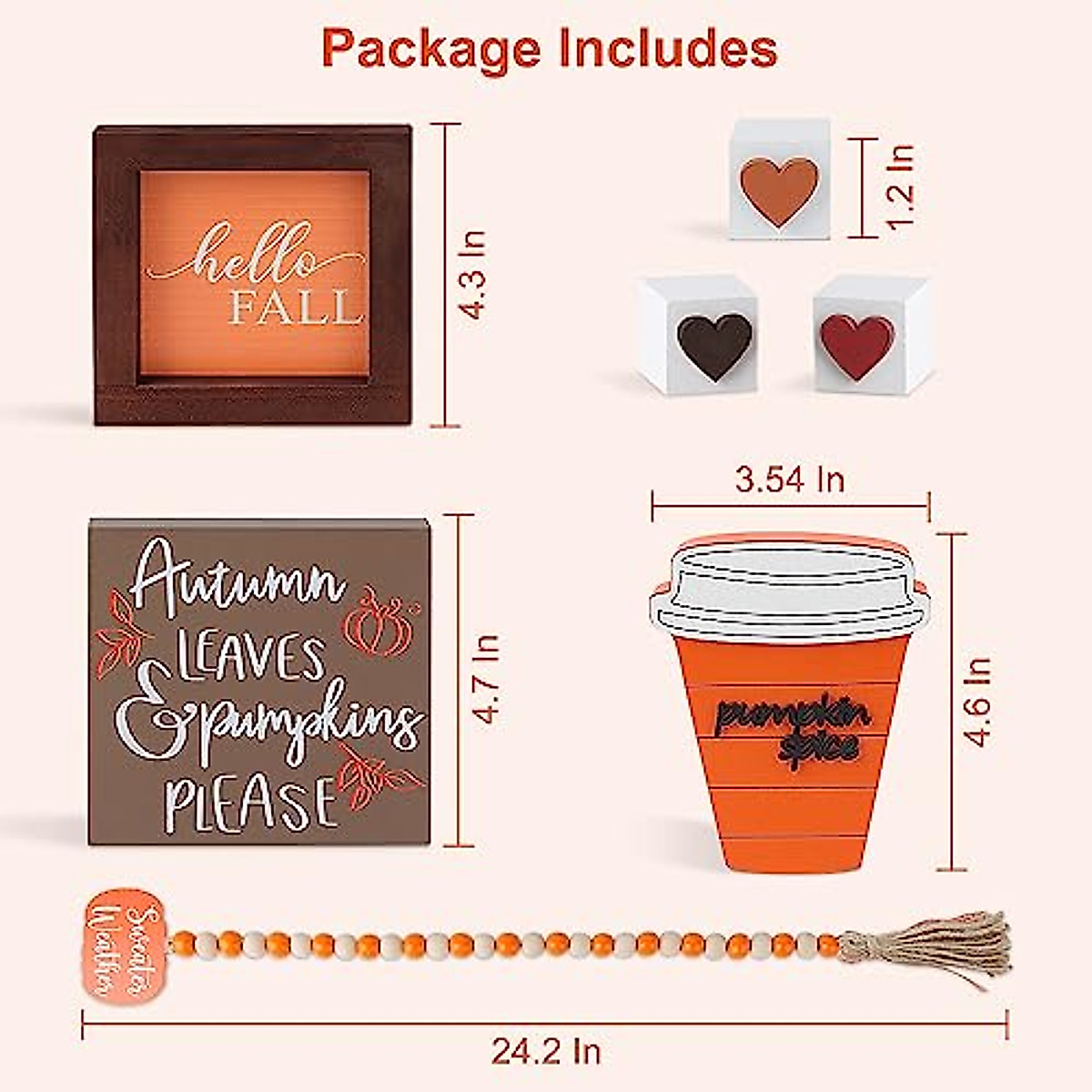 Fall Table Decor, Farmhouse Fall Home Decor Set with 3 Heart Blocks, 3 Wooden Signs and Wood Bead Garland for Tiered Tray, Shelf and Mantle - Fall Decorations for Home (Tray not Included)