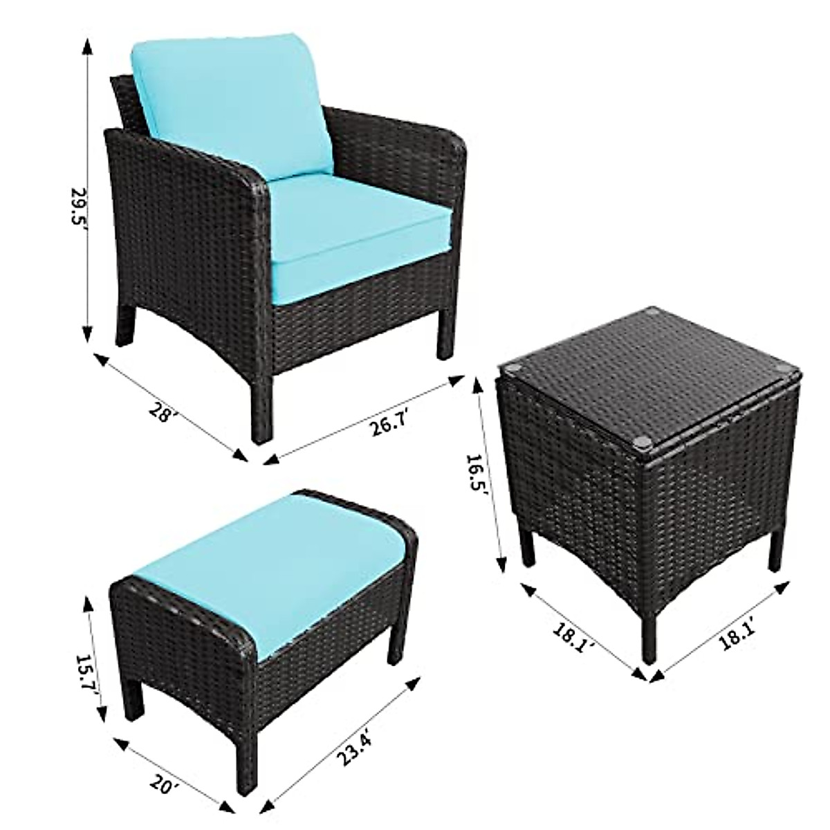 Increkid 5 Pieces Wicker Patio Furniture Set, Outdoor Rattan Conversation Chair Set w/Ottomans, Coffee Table, Cushions, Poolside Sectional Cushioned Sofa Set for Porch, Balcony, Lawn, Yard, Garden