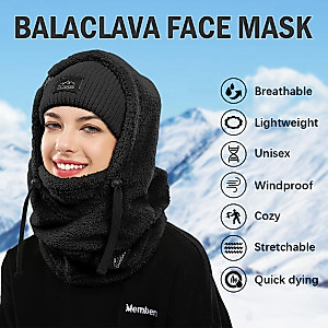 OWNGIGI Balaclava Winter Ski Mask for Men and Women Cold Weather Fleece Windproof Face Cover Warmer Scarf Sherpa Hood Black
