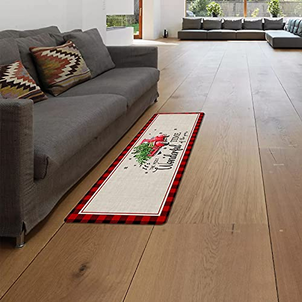 Quote Words 2PC Memory Foam Kitchen Mats Rectangle Water Absorbent Kitchen Rugs, Anti-Wear & Anti-Skid Floor Mat for Sink, Hallway 18x30in+18x48in Rustic Truck Christmas Tree Red Plaid