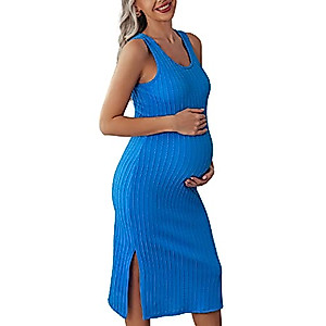 Ekouaer Lady Knit Ribbed Maternity Tank Dress Side Slit Bodycon Nightgowns for Baby Shower (Snorkel Blue, L)