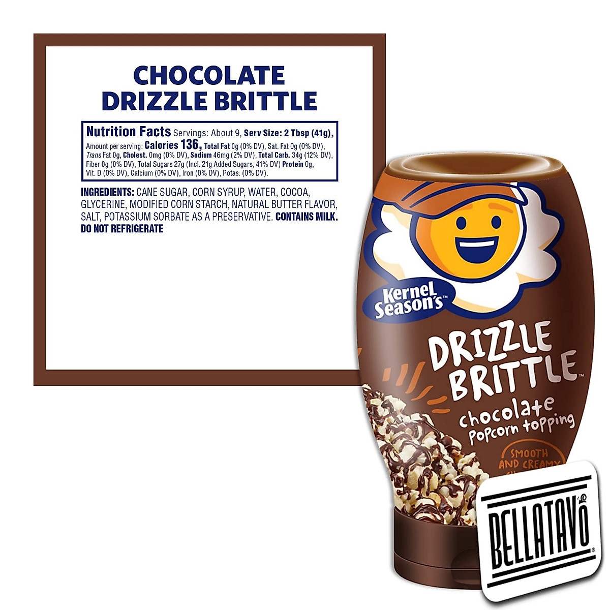 Popcorn Drizzle Sauce Bundle. Includes Two-13.1 Oz Kernel Seasons Drizzle Brittle Popcorn Topping. One Each Flavor: Caramel Drizzle and Chocolate Drizzle. Comes With a BELLATAVO Fridge Magnet!