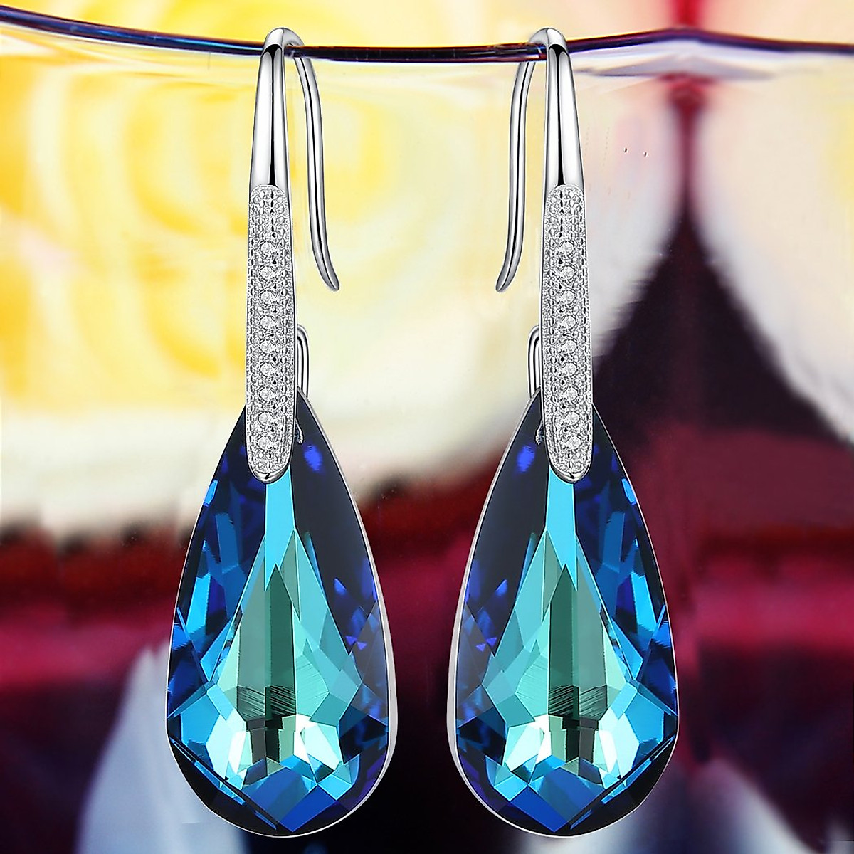 EleQueen 925 Sterling Silver CZ Teardrop Hook Dangle Earrings Bermuda Blue Made with Austrian Crystals, Valentine's Day/Mother's Day/Christmas Jewelry Gift