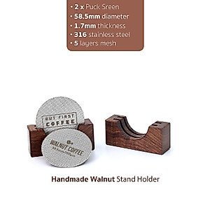 2Packs 58.5mm Espresso Puck Screen | Handmade Walnut Stand | 1.7mm Thickness 150μm 316 Stainless Steel