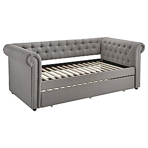 Coaster Home Furnishings Kepner Modern Classic Fabric Upholstered Twin Size Chesterfield Button Tufted Daybed with Trundle Bed for Guestroom 37-inch Headboard Bedroom Lounger Grey 300549