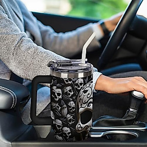 Black And White Skulls Insulated Stainless Steel Travel Mug, 40 Oz Tumbler with Handle And Straw Double-Wall Vacuum Coffee Cup, Leak-Proof Lid, Keeps Drinks Hot/Cold for Hours