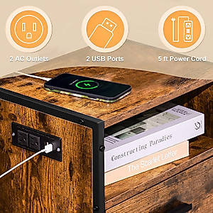 EOYUTLLY Nightstand with Charging Station,End Table with USB Ports & Power Outlets, Night Stands with Storage Drawer for Bedroom Living Room (Rustic Brown Set of 2)