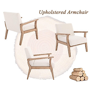 CIMOO Beige Accent Chair Mid Century Modern Armchair Wood Sitting Chair Linen Fabric Upholstered Side Chair Comfortable Chair for Living Room Bedroom Cream