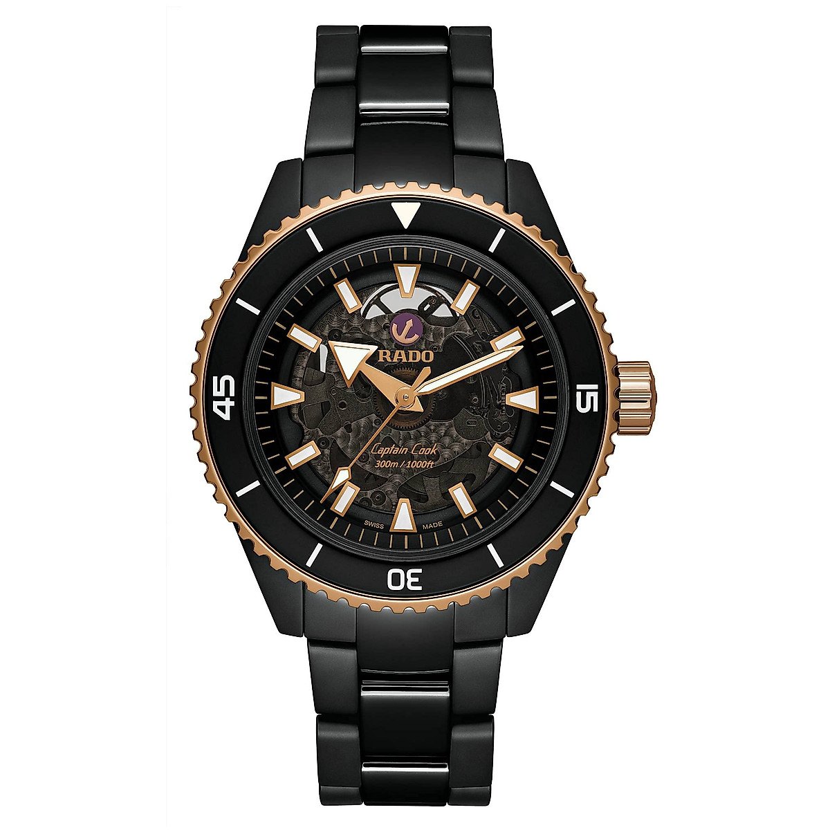 Rado - Captain Cook - 43 mm- Men - Swiss Watch - High-Tech Ceramic - Automatic – Matte Black and Rose Gold