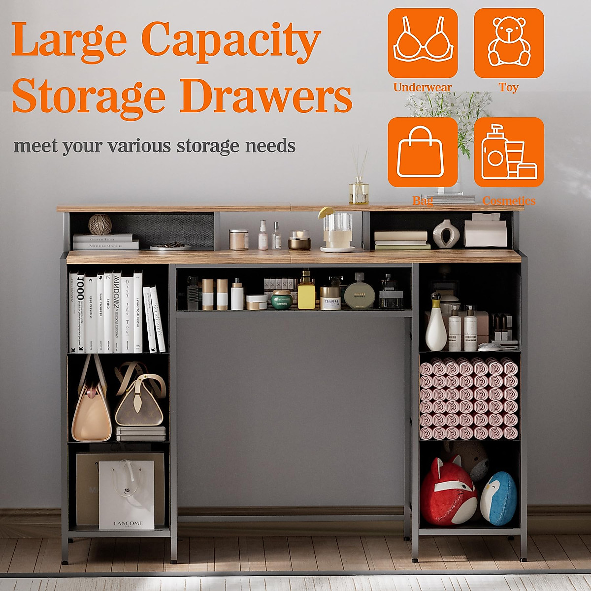 VASICAR Dresser for Bedroom with 9 Drawers & 2 Open Shelves, Fabric Storage Dresser, Chest of Drawers, Long Dresser for Closet, Wooden Top & Metal Frame, Pattern