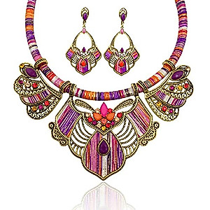 YAZILIND Chunky Necklace Earrings Women's Bohemian Chain Tribal Jewelry Set Handmade Geometric Charm Bib Choker Necklaces