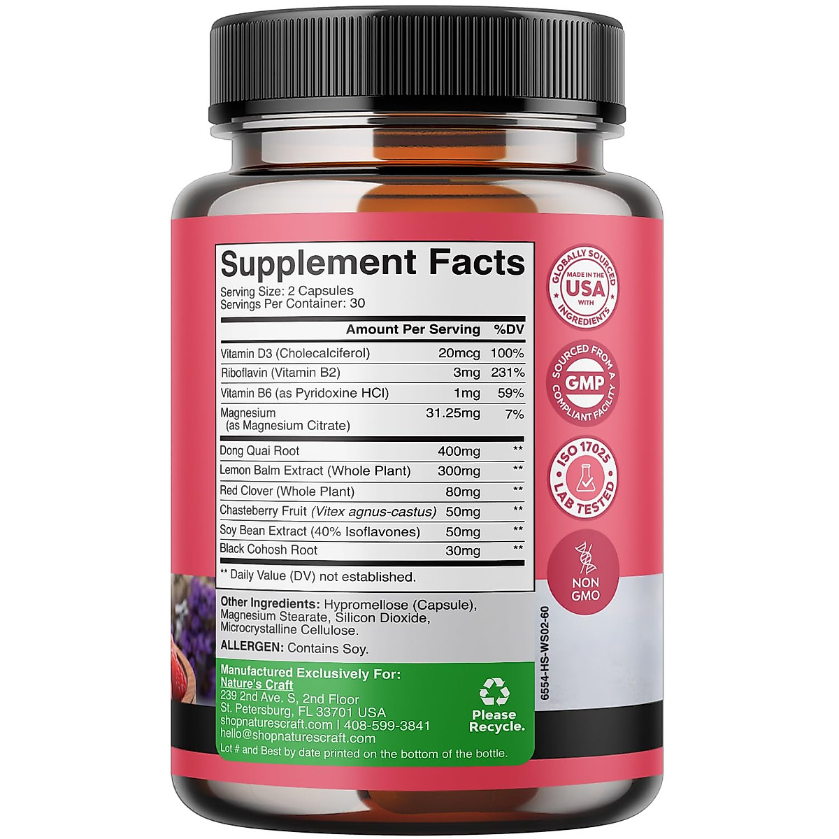 Complete Herbal Menopause Supplement for Women - Multibenefit Menopause Relief Hormone Balance for Night Sweats Mood and More with Dong Quai Vitex Chaste Berry and Black Cohosh - 30 Servings