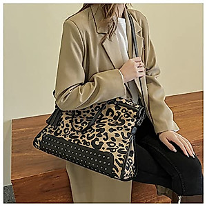 Oversized Leopard Purse,Women Studded Tote Handbags Animal Printing Punk Large Shoulder Bags Hobo Tassel Rocker Rivet Motorcycle Satchel