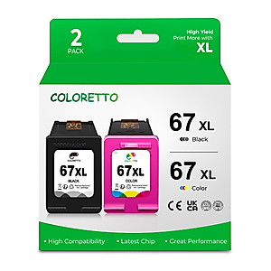 COLORETTO Remanufactured Printer Ink Cartridge Replacement for HP 67XL 67 XL to use with DeskJet 2755 2752 Envy 6052 6055 DeskJet Plus 4140 4155 4158 High Yield (1 Black , 1 Color) Combo Pack