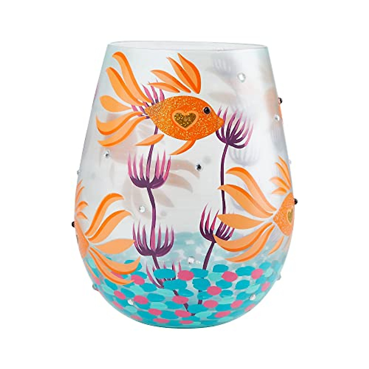 Enesco Designs by Lolita Turquoise Water and Gold Fish Artisan Hand-Painted Stemless Wine Glass, 1 Count (Pack of 1), Multicolor