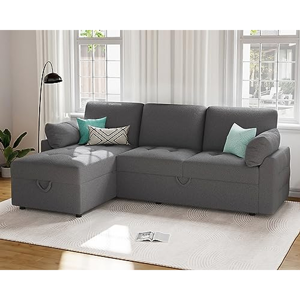 VanAcc Pull Out Sofa Bed, Modern Tufted Convertible Sleeper Sofa, Boucle Sleeper Sectional Couch Bed with Storage Chaise, L Shaped Sofa Couch for Living Room (Grey)